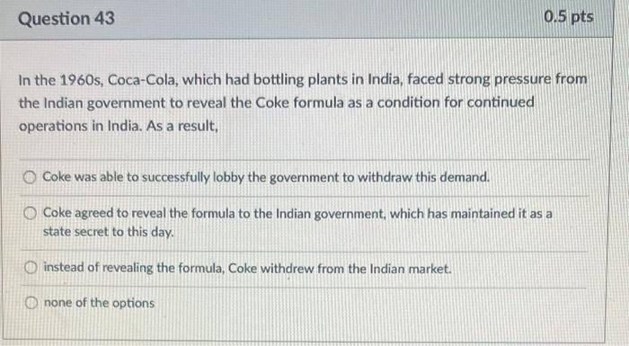 Solved In the 1960 s, Coca-Cola, which had bottling plants | Chegg.com