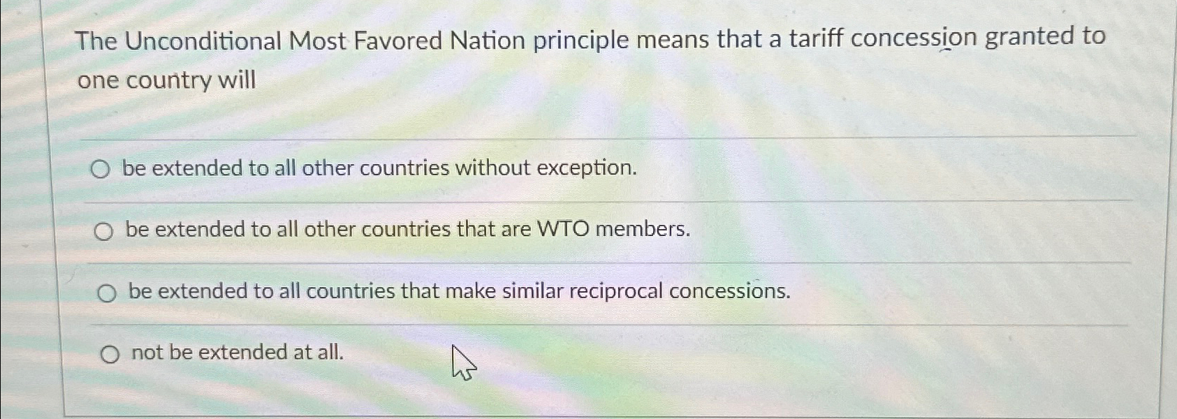 Solved The Unconditional Most Favored Nation principle means | Chegg.com