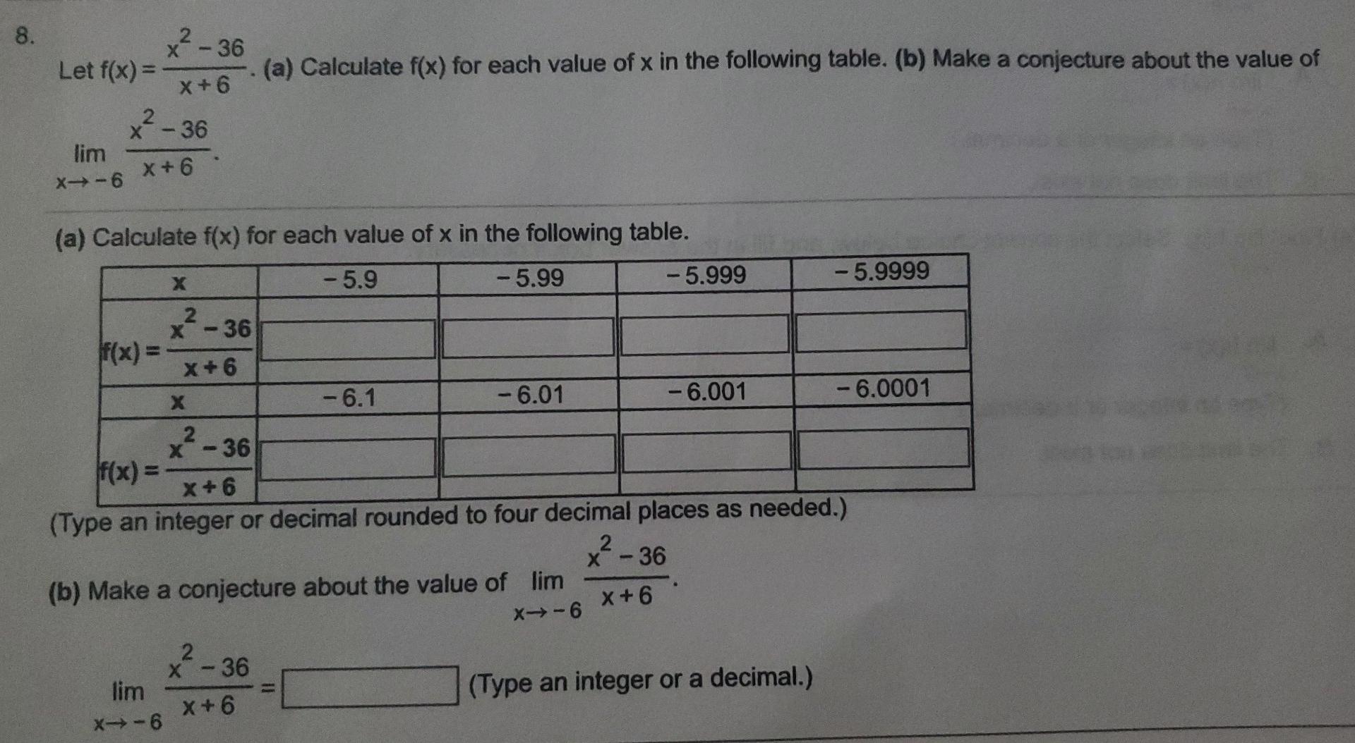Solved Let f(x)=x+6x2−36. (a) Calculate f(x) for each value | Chegg.com