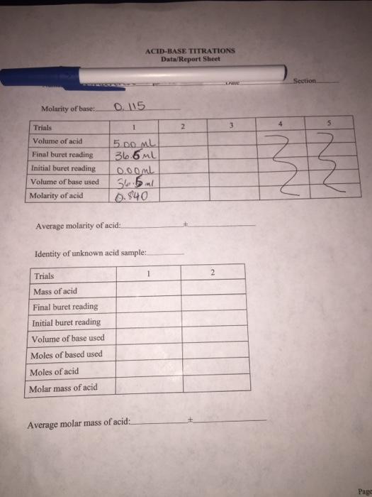 Solved ACID-BASE TITRATIONS Data/Report Sheet DE Section | Chegg.com
