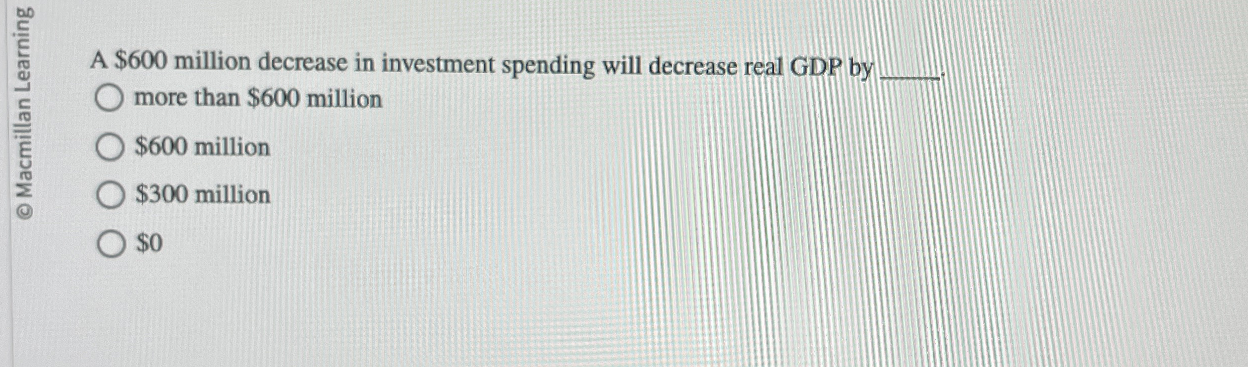 Solved A $600 ﻿million decrease in investment spending will | Chegg.com