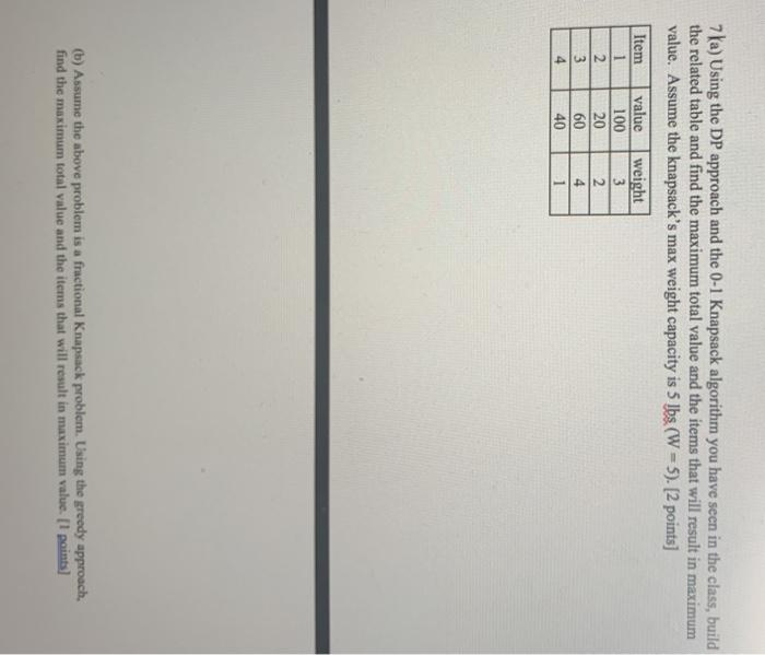 Solved 71a) Using the DP approach and the 0-1 Knapsack | Chegg.com