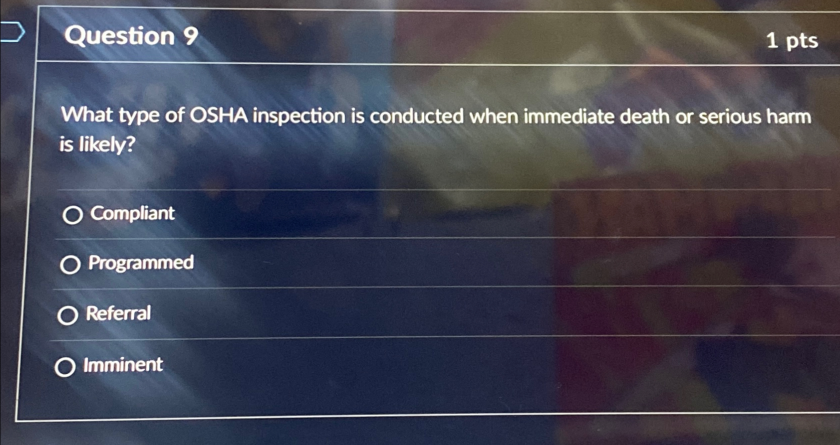 Solved Question 91 ﻿ptsWhat type of OSHA inspection is | Chegg.com