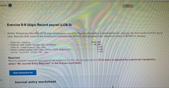 Exercise 8-9 (Algo) Record poyroll (LOB-3) yes. | Chegg.com
