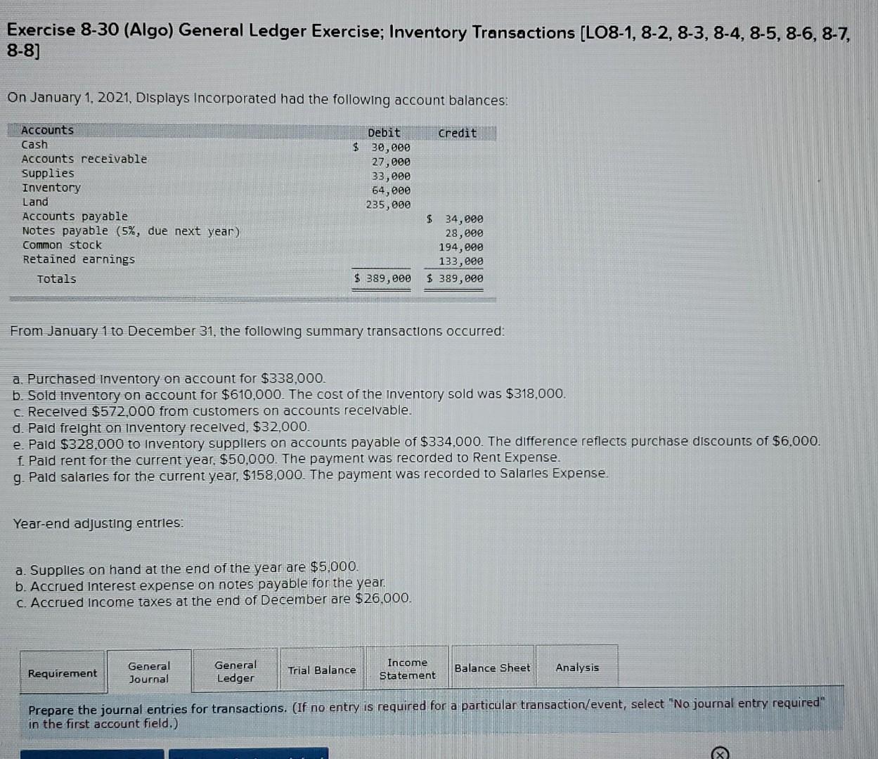 Solved Exercise 8-30 (Algo) General Ledger Exercise; | Chegg.com