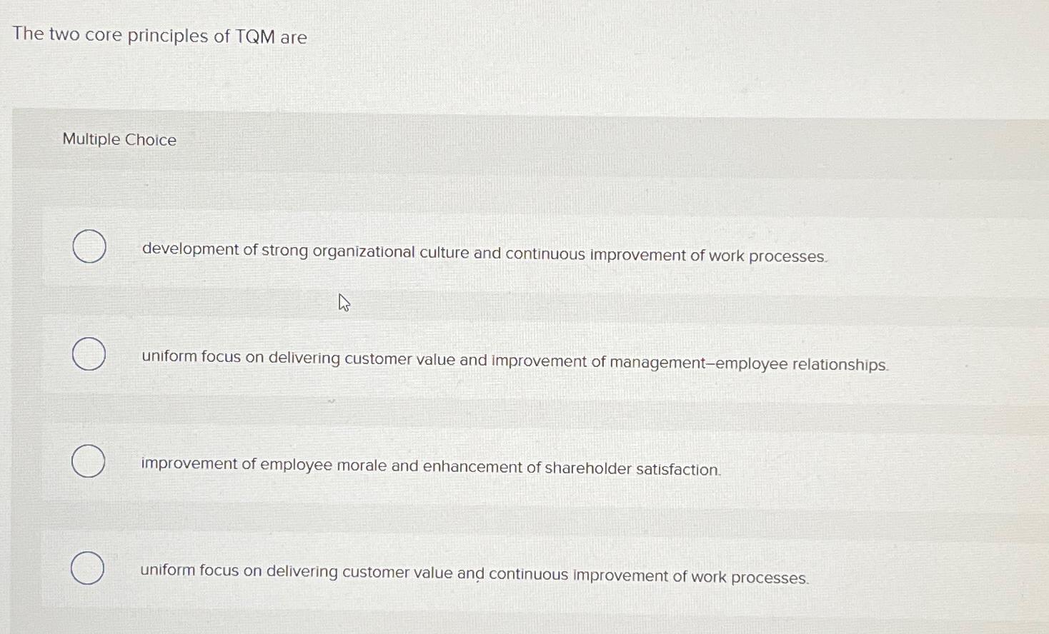 Solved The two core principles of TQM areMultiple | Chegg.com