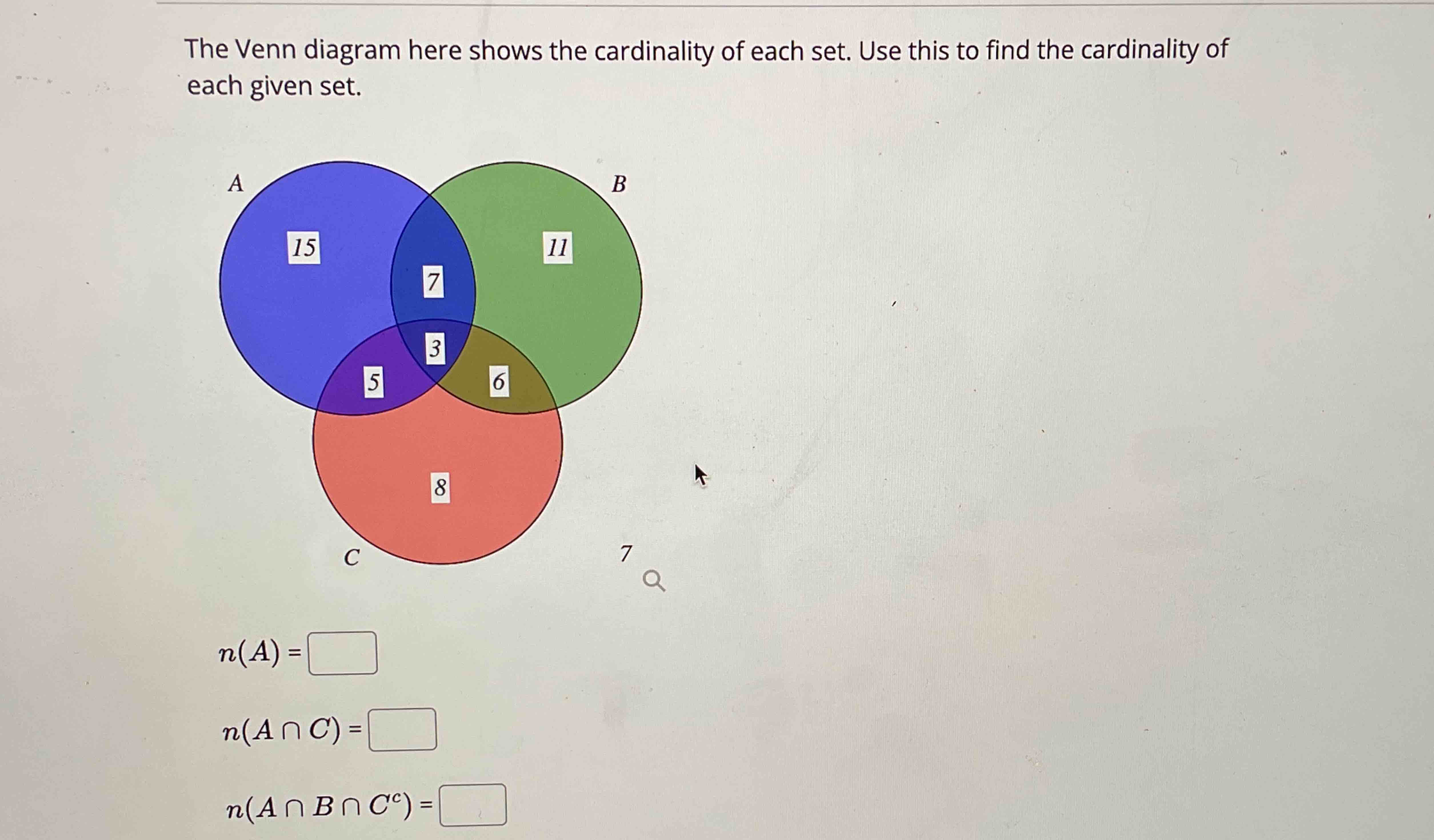 Solved The Venn diagram here shows the cardinality of ﻿each | Chegg.com