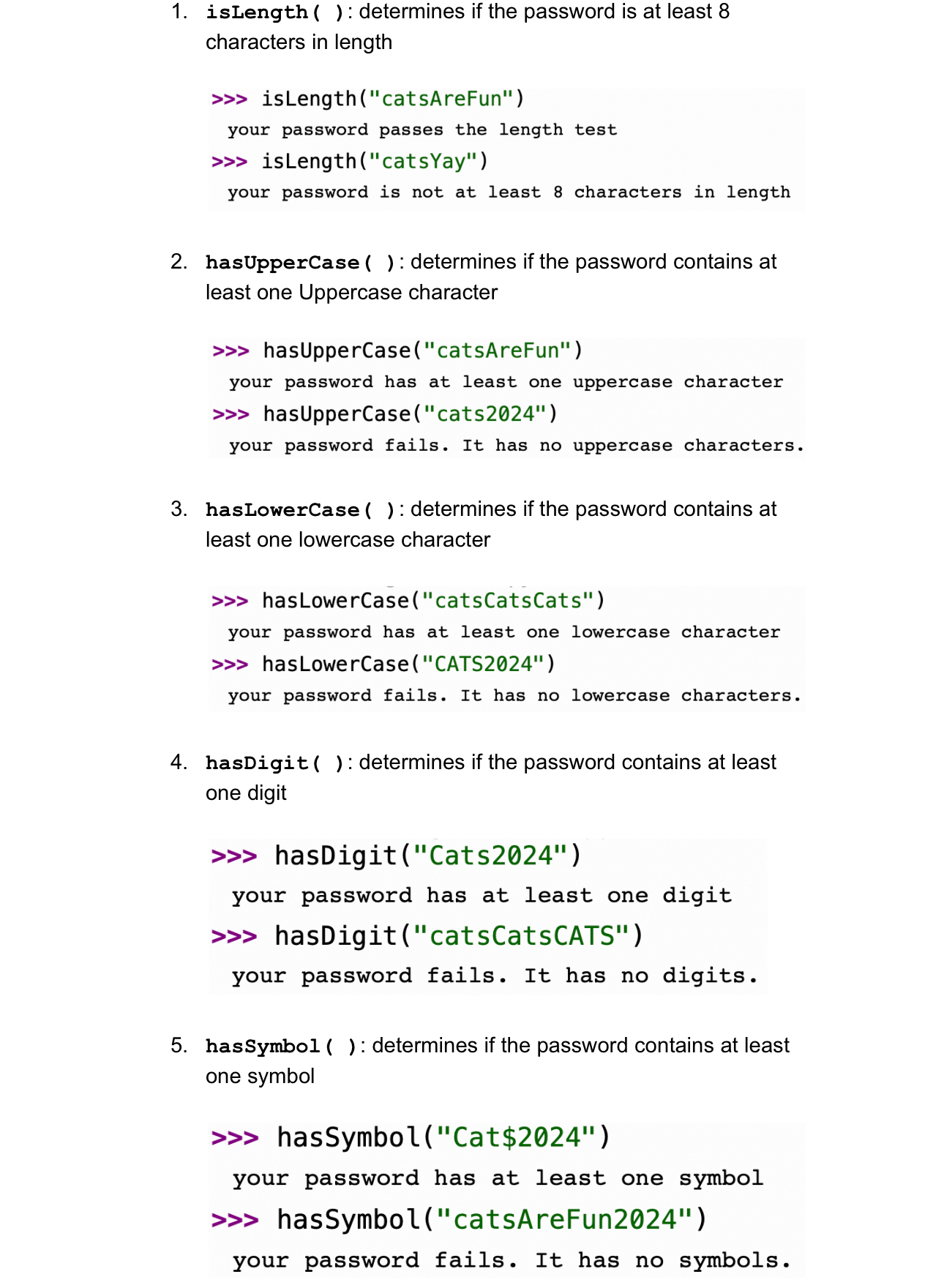 Solved isLength ( ): determines if the password is at least | Chegg.com