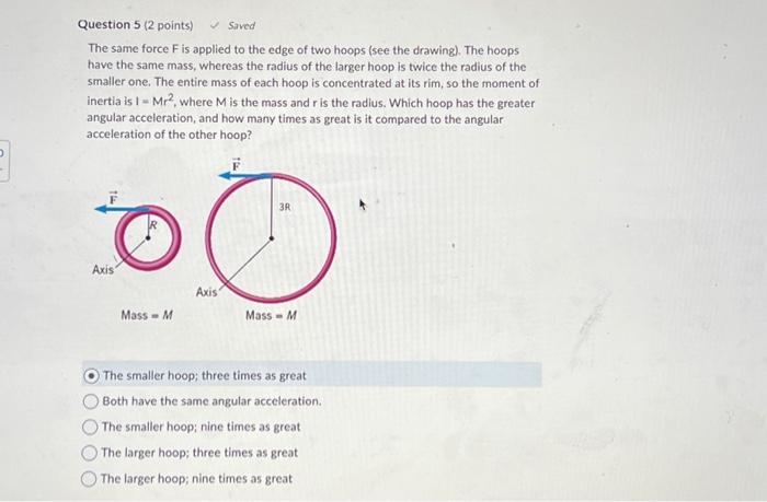 The same force F is applied to the edge of two hoops | Chegg.com