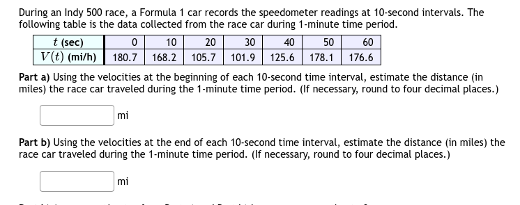 Solved During an Indy 500 ﻿race, a Formula 1 ﻿car records | Chegg.com