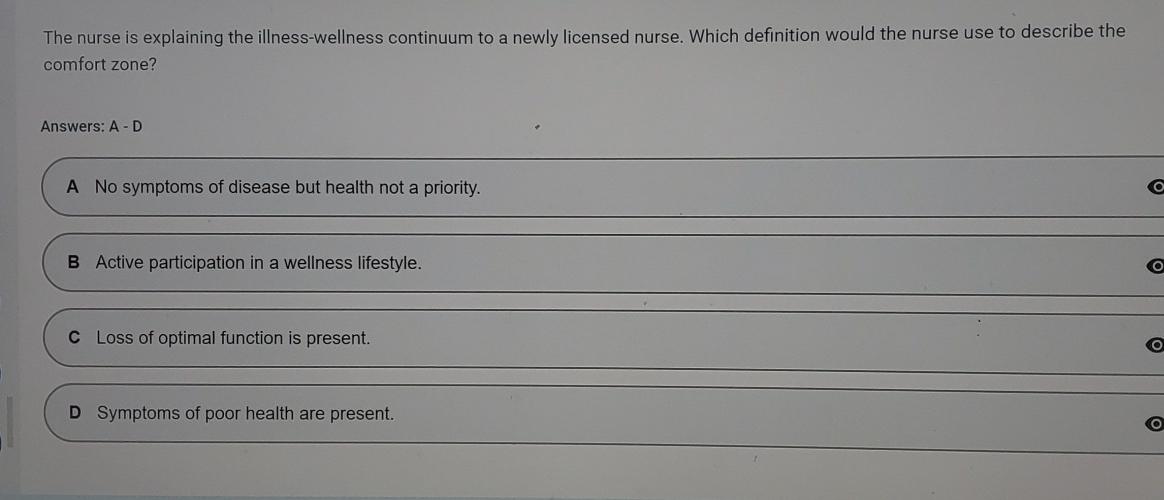 Solved The nurse is explaining the illness-wellness | Chegg.com