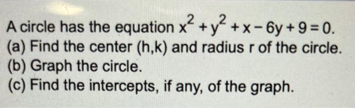 Solved A circle has the equation x2+y2+x−6y+9=0. (a) Find | Chegg.com