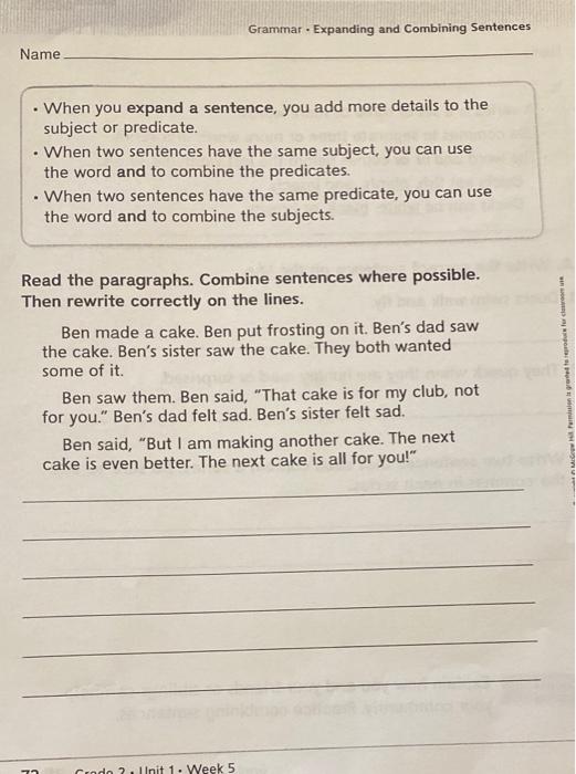 Solved Grammar. Expanding and Combining Sentences Name . | Chegg.com