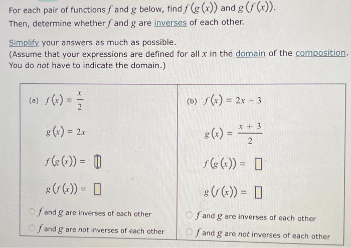 Solved For each pair of functions f and g below, find | Chegg.com
