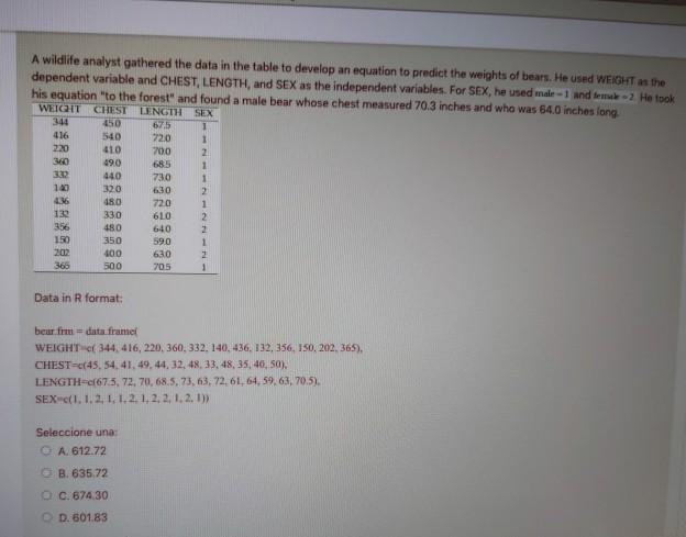 Solved A wildlife analyst gathered the data in the table to | Chegg.com