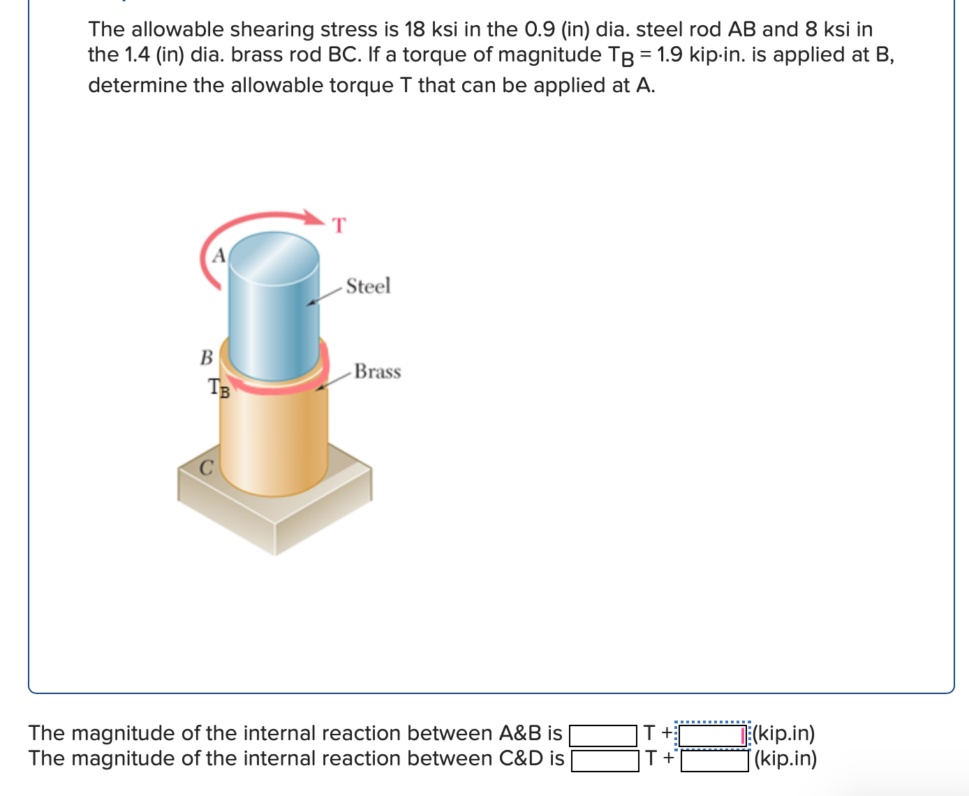 Solved The allowable shearing stress is 18ksi in the | Chegg.com