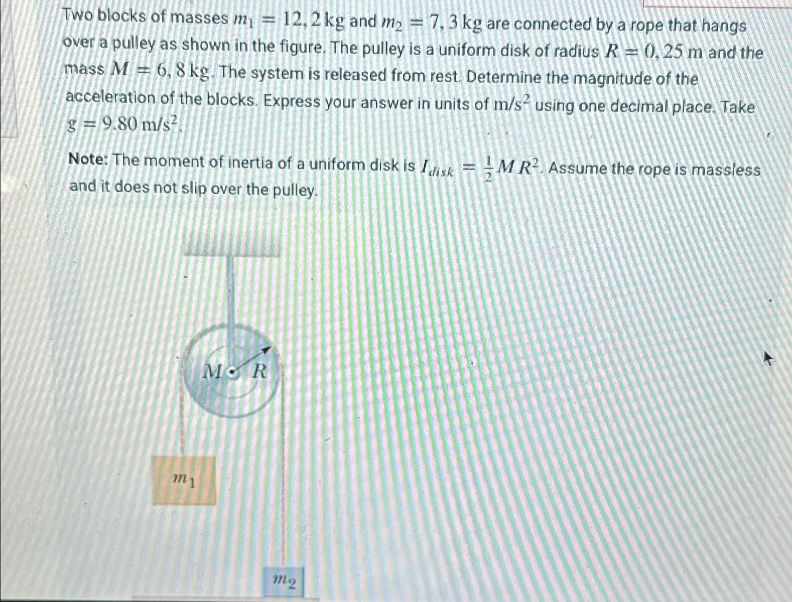 Solved Two blocks of masses m1=12,2kg ﻿and m2=7,3kg ﻿are | Chegg.com