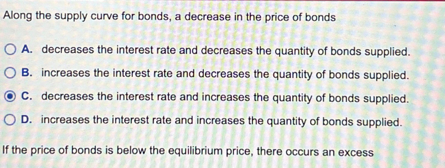 Solved Along the supply curve for bonds, a decrease in the | Chegg.com