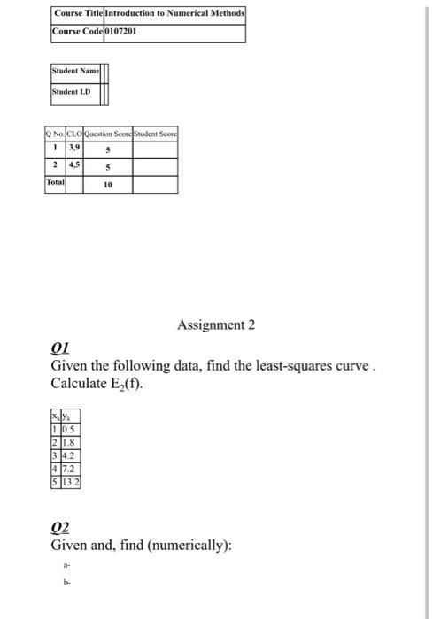 Solved Course Title Introduction to Numerical Methods Course | Chegg.com