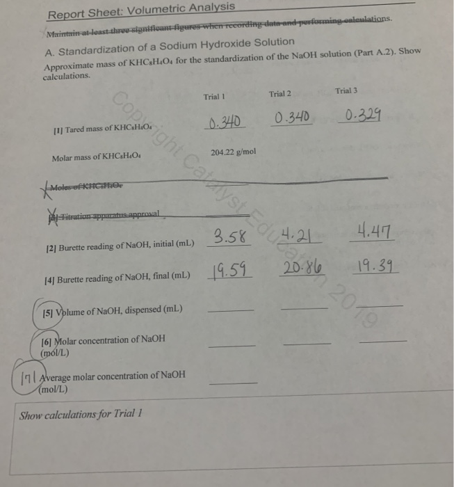 Solved Report Sheet: Volumetric Analysis Maintain a loast | Chegg.com