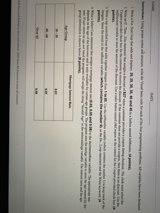 Solved NAME DATE Instructions: Using proper syntax and | Chegg.com