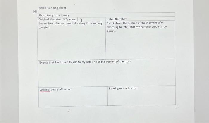 Solved Retell Planning Sheet Short Story: the lottery | Chegg.com