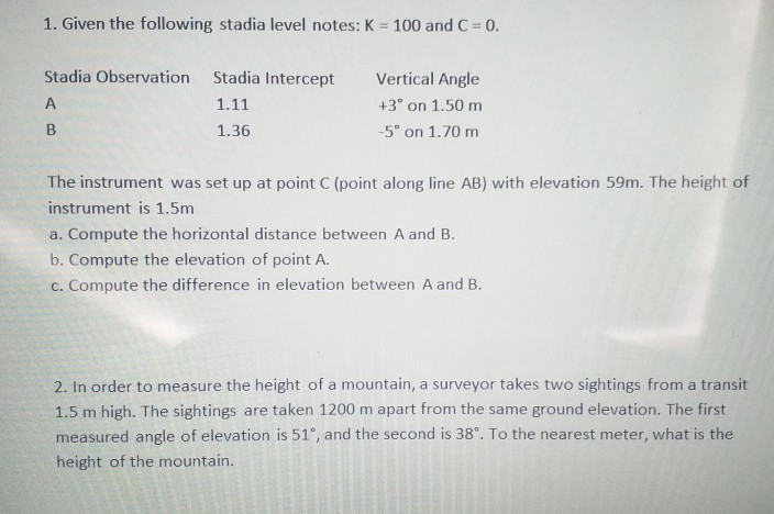 Solved 1. Given the following stadia level notes: K = 100 | Chegg.com