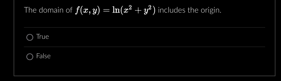 Solved The domain of f(x,y)=ln(x2+y2) ﻿includes the | Chegg.com