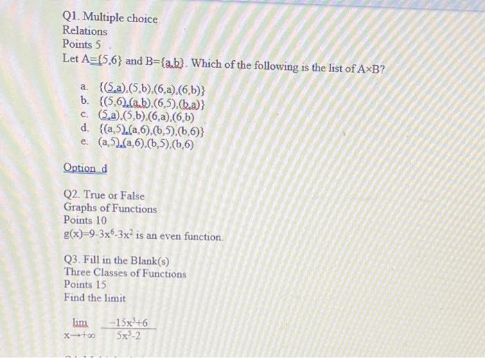 Solved Q1. Multiple choice Relations Points 5 Let A={5,6} | Chegg.com