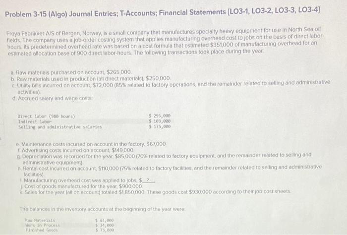 Solved Problem 3-15 (Algo) Journal Entries; T-Accounts; | Chegg.com