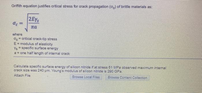 Solved Griffith equation justifies critical stress for crack | Chegg.com