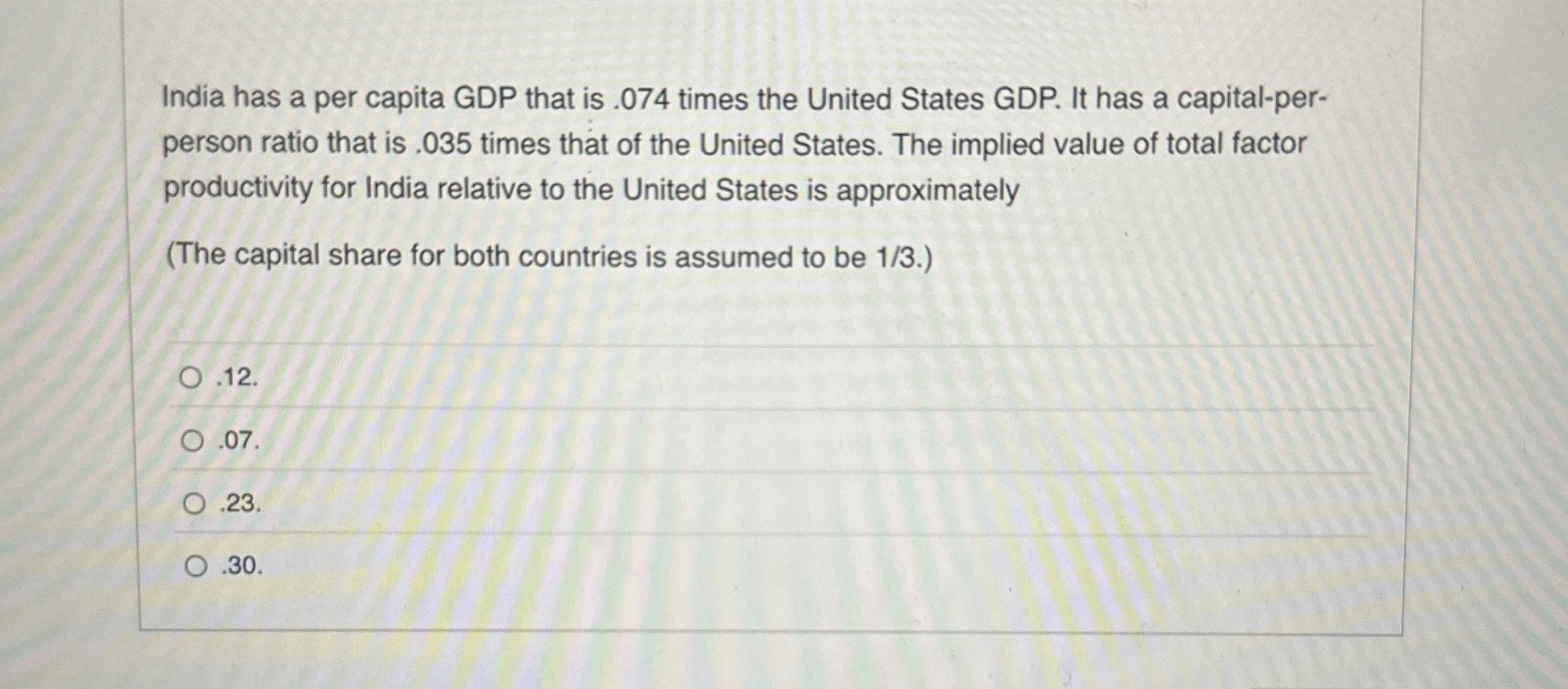 Solved India has a per capita GDP that is .074 ﻿times the | Chegg.com