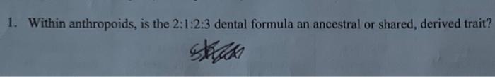 1. Within anthropoids, is the 2:1:2:3 dental formula | Chegg.com