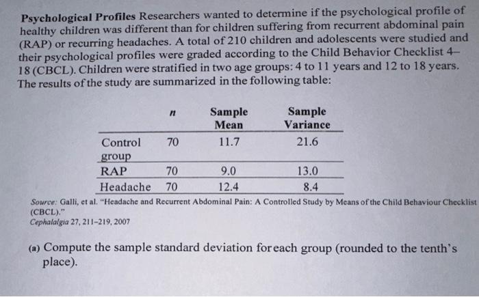 Solved Psychological Profiles Researchers wanted to | Chegg.com