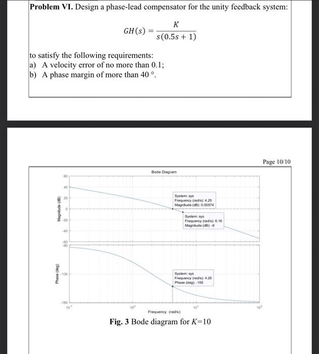 Solved Problem VI. Design a phase-lead compensator for the | Chegg.com