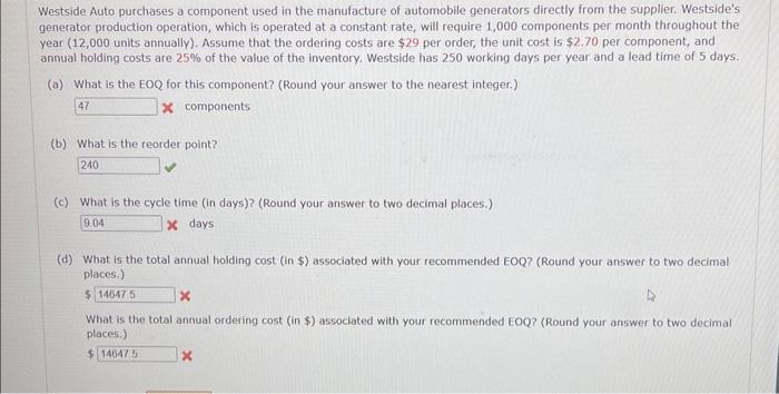 Solved Westside Auto purchases a component used in the | Chegg.com