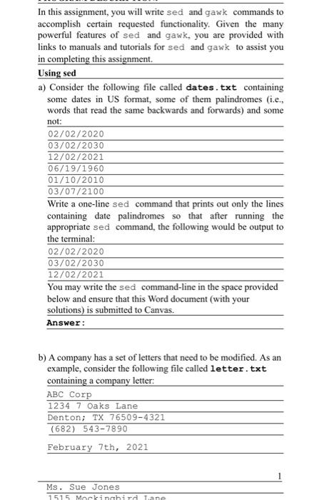 Solved In This Assignment You Will Write Sed And Gawk Chegg