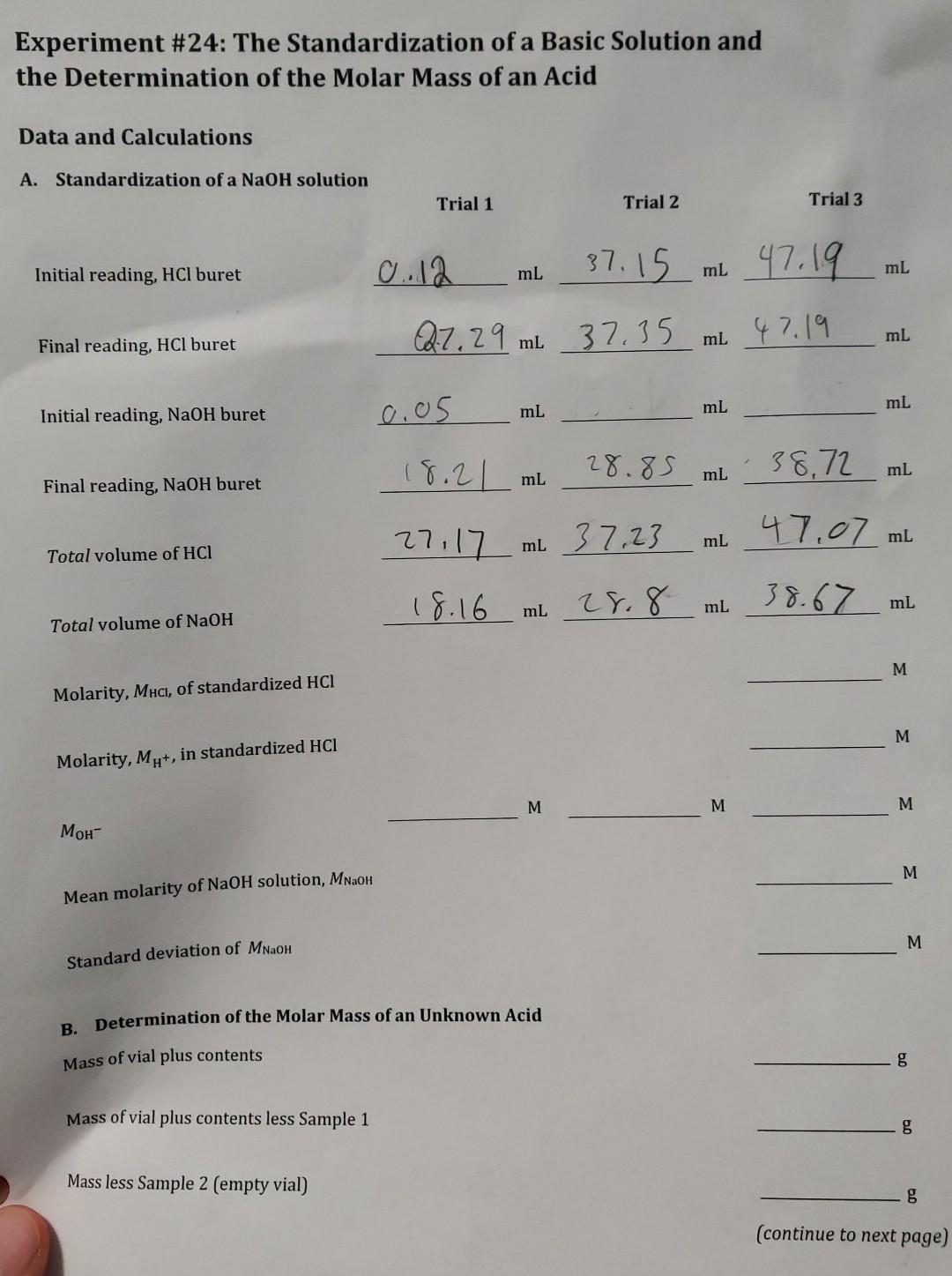 Solved Experiment #24: The Standardization of a Basic | Chegg.com