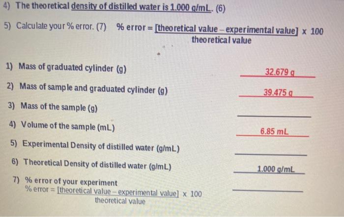 Solved 4) The theoretical density of distilled water is | Chegg.com