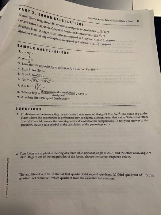 Solved PART 2. ERROR CALCULATIONS Laboratory of Foren | Chegg.com