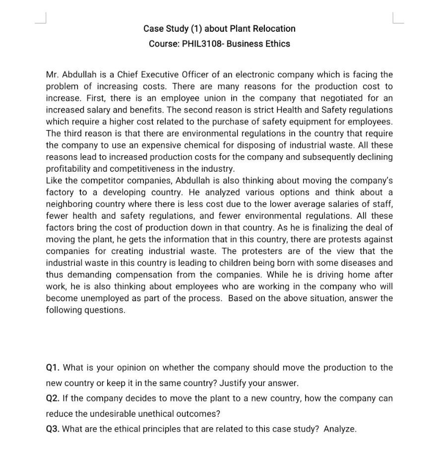 Solved Case Study (1) about Plant Relocation Course: | Chegg.com