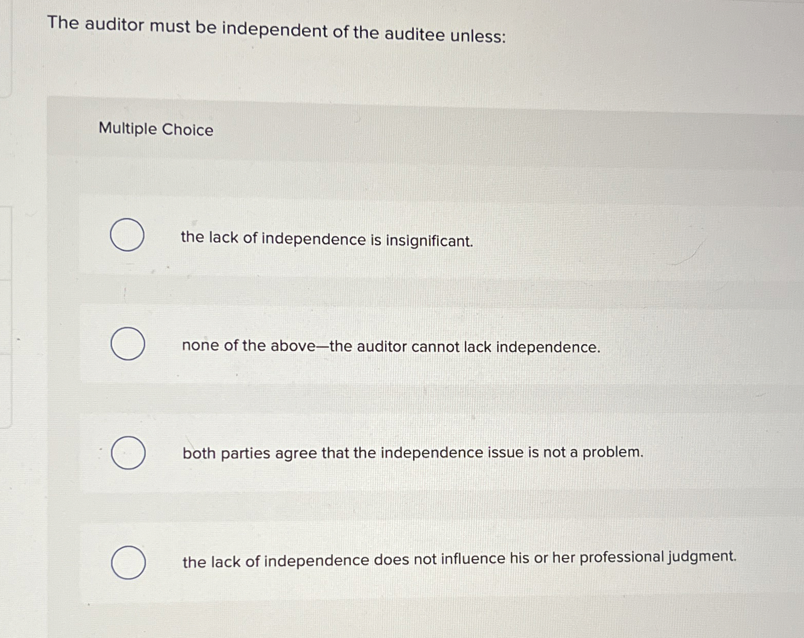 Solved The auditor must be independent of the auditee | Chegg.com