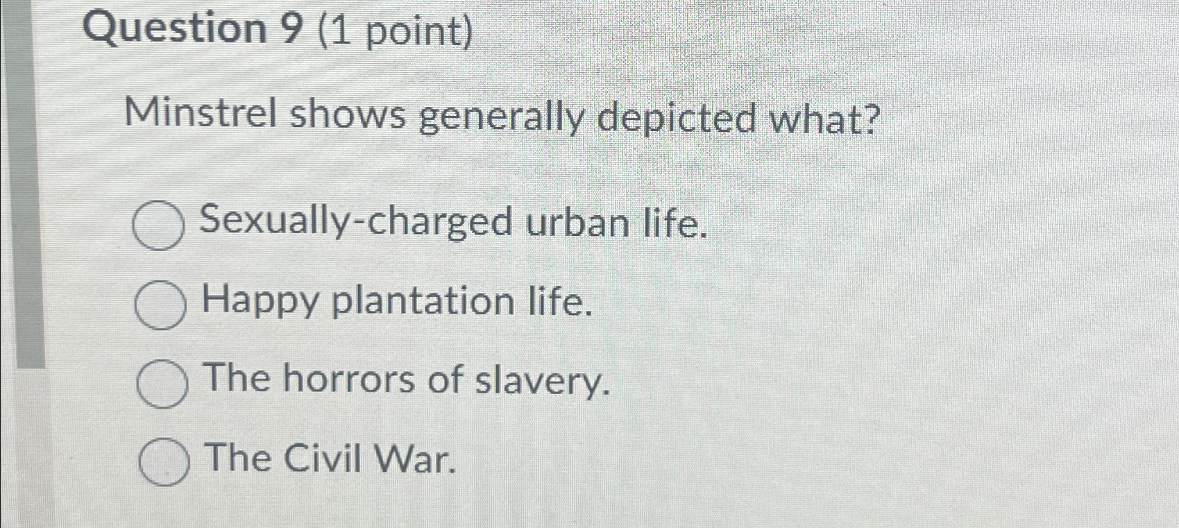Solved Question 9 (1 ﻿point)Minstrel shows generally | Chegg.com