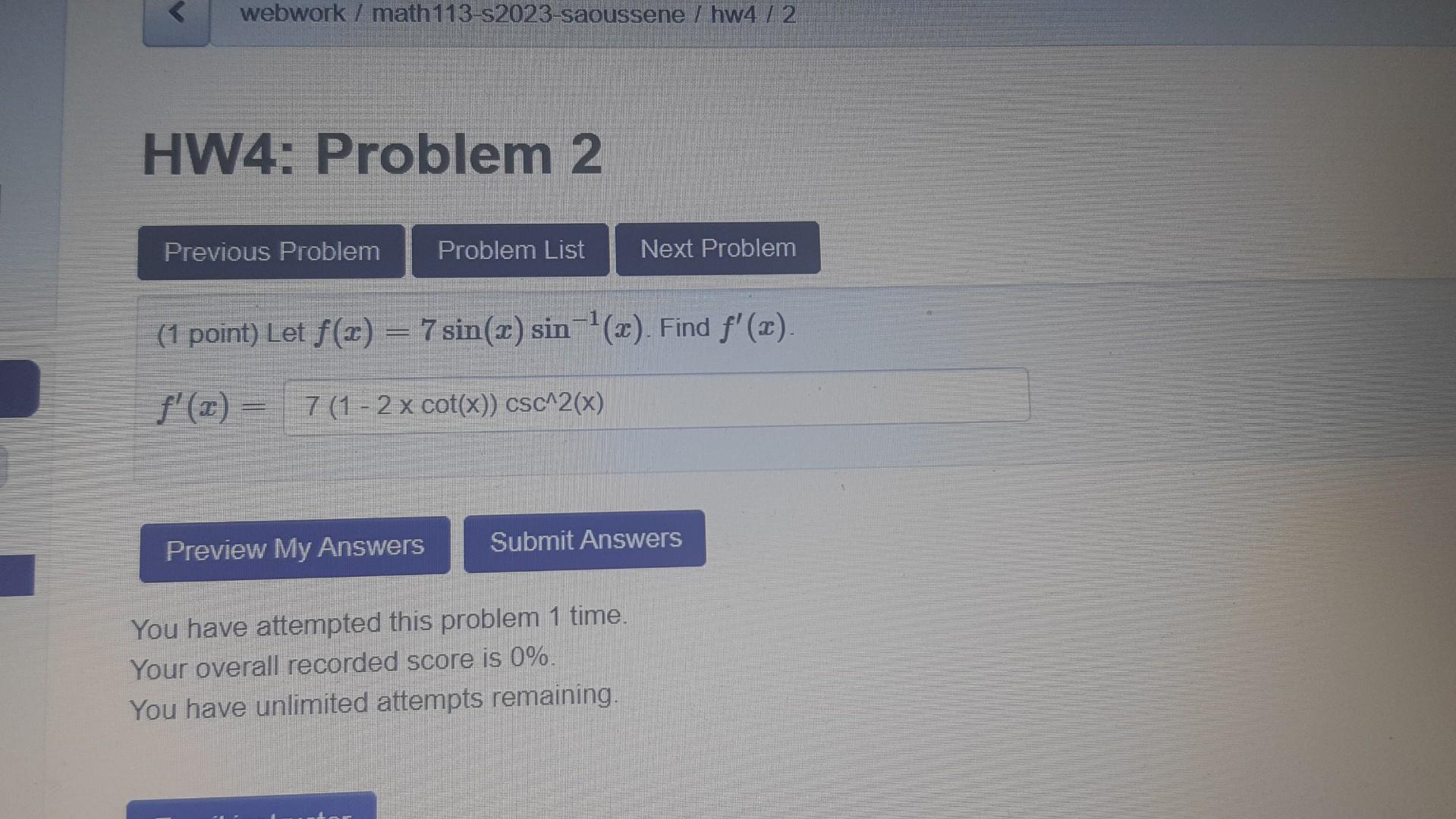 Solved 1 Point Let F X 7sin X Sin−1 X Find F′ X