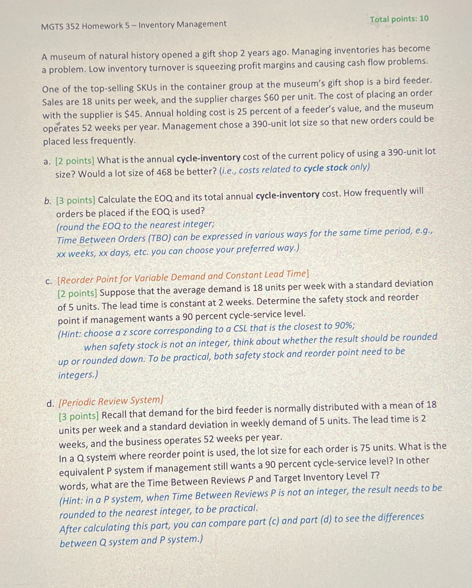 Solved MGTS 352 ﻿Homework 5 - ﻿Inventory ManagementTotal | Chegg.com
