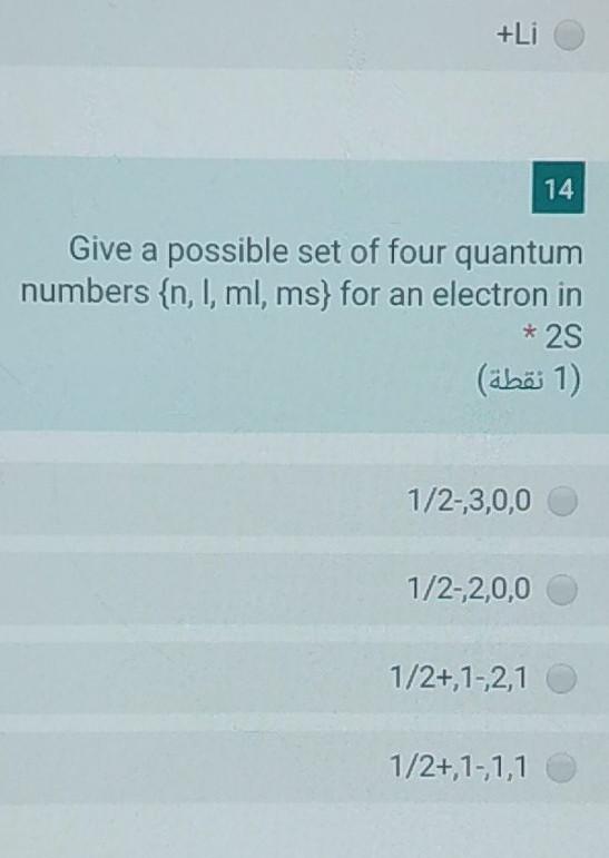 Solved +Li 14 Give a possible set of four quantum numbers | Chegg.com