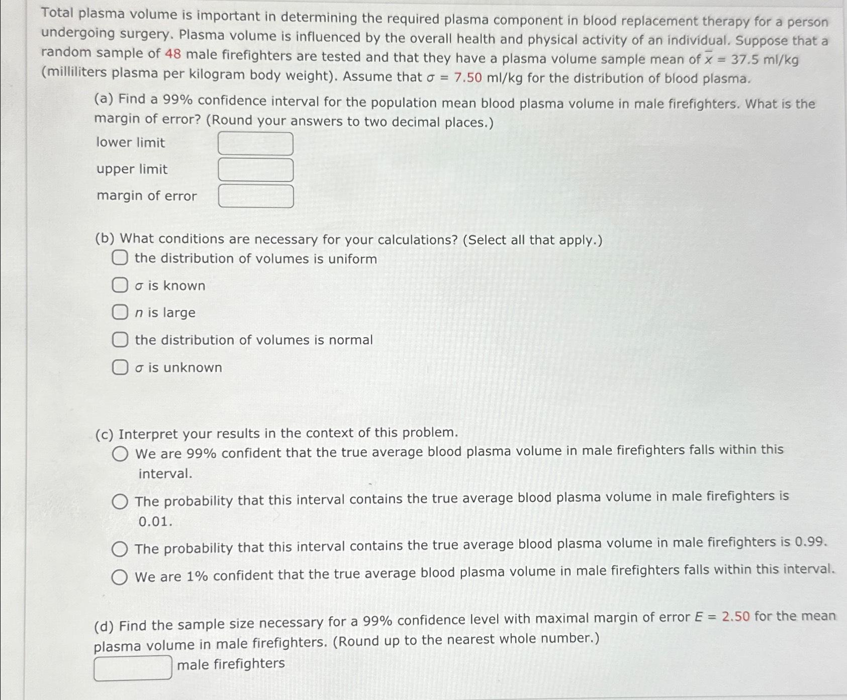 Solved Total plasma volume is important in determining the | Chegg.com