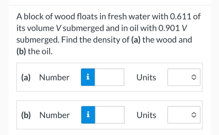 Solved A block of wood floats in fresh water with 0.611 of | Chegg.com