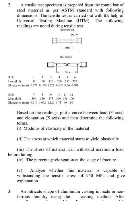 Solved 2. A tensile test specimen is prepared from the round | Chegg.com