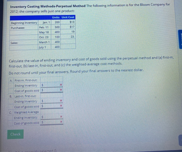 Solved Inventory Costing Methods-Perpetual Method The | Chegg.com